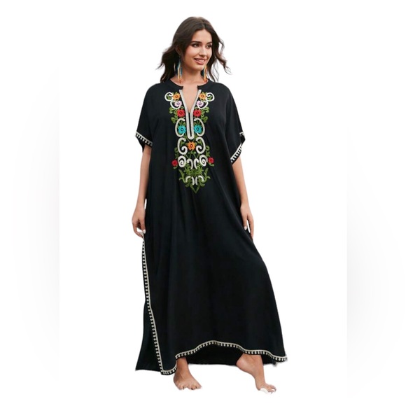 Kaftans | Black Caftan With Soutache Rainbow Embroidery Mandarin Collar ...